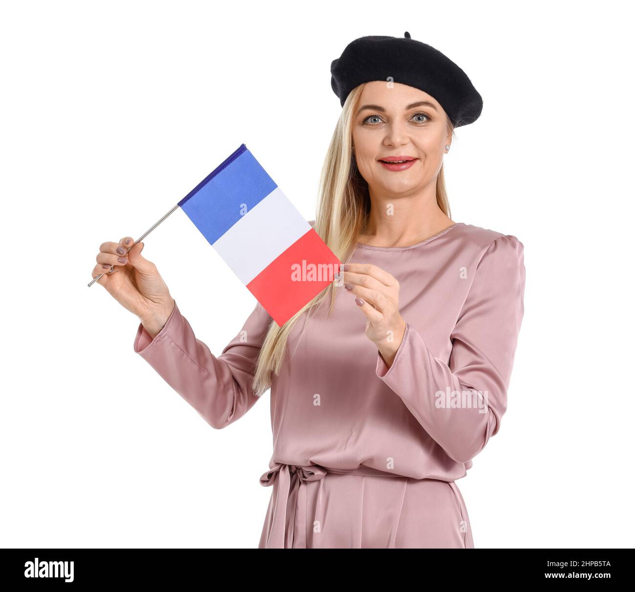 Beautiful woman with flag of France isolated on white Stock Photo - Alamy