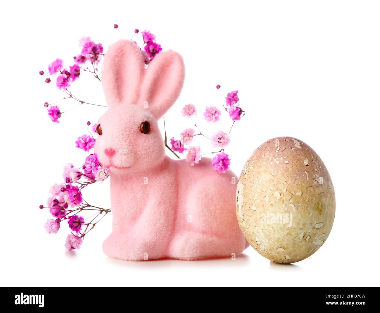Beautiful Easter bunny, flowers and painted egg on white background ...