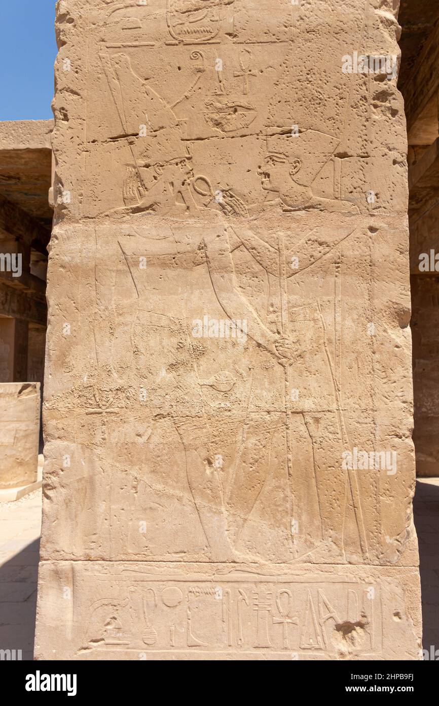Relief details and Egyptian hieroglyphs at Karnak temple complex in ...