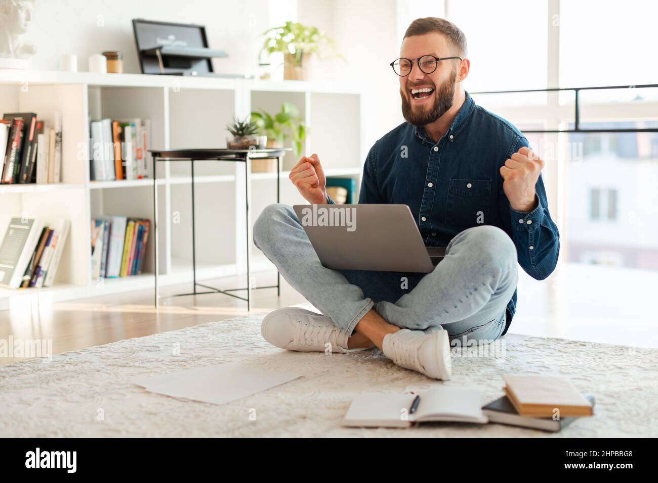 Emotional Freelancer Man Shouting Using Laptop Computer Celebrating ...