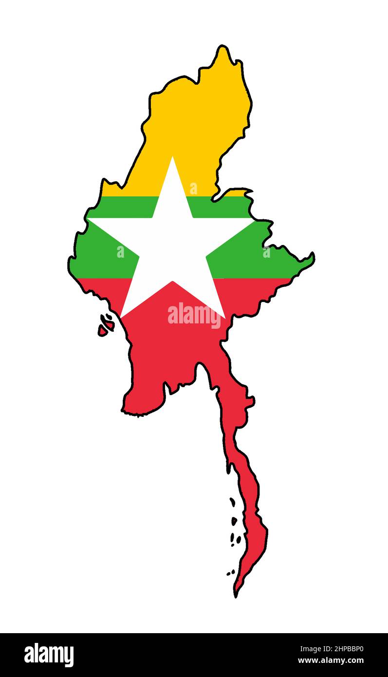 Myanmar outline silhouette map on the national flag over a white background Burma Stock Photo ...