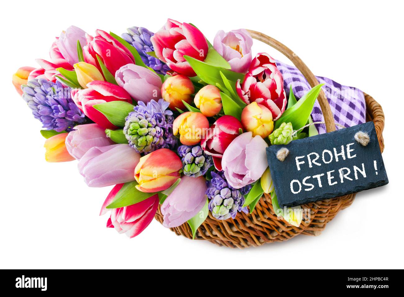 Label and German Happy Easter with colorful springtime flowers in a ...