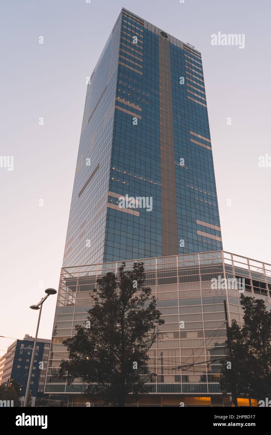 South Tower is the tallest building in Belgium. Tour de Midi at sunset ...
