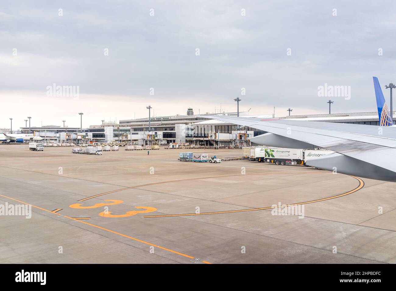 Narita, Japan - March 28, 2019: Airplane window view of flight wing ...