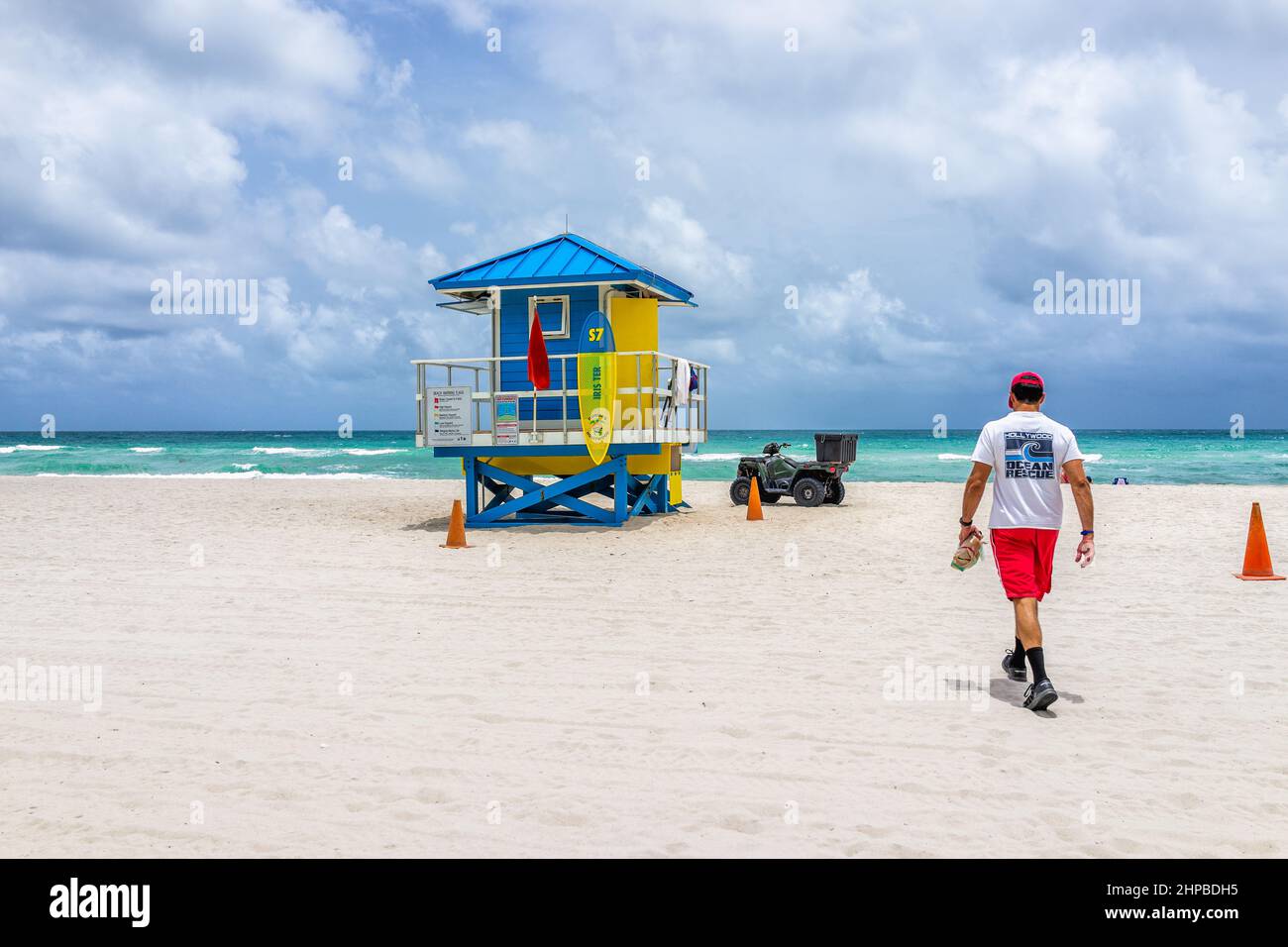 Hollywood, USA - July 13, 2021: Lifeguard hut building station on ...