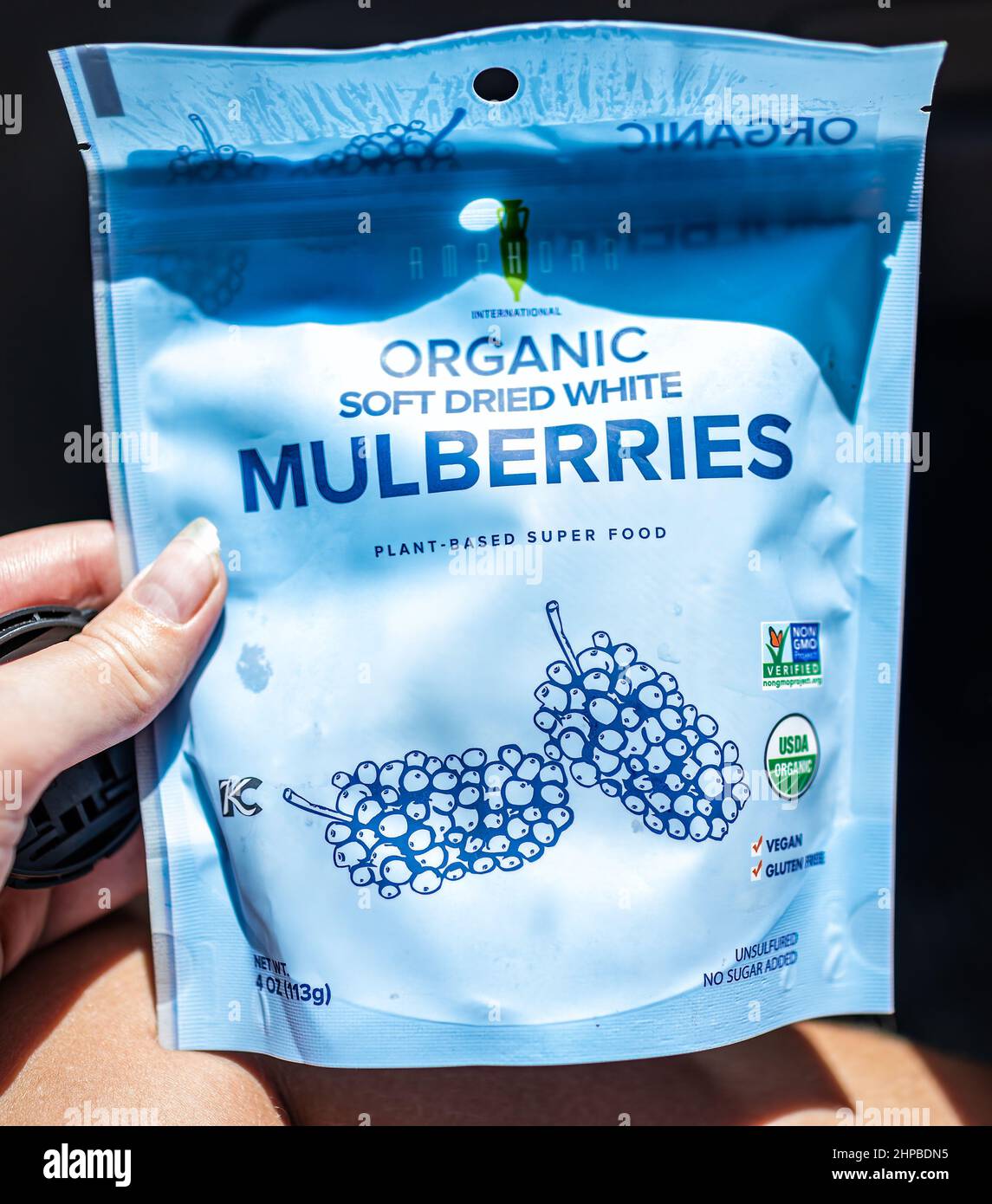 Naples, USA - August 13, 2021: Closeup of package product of organic ...