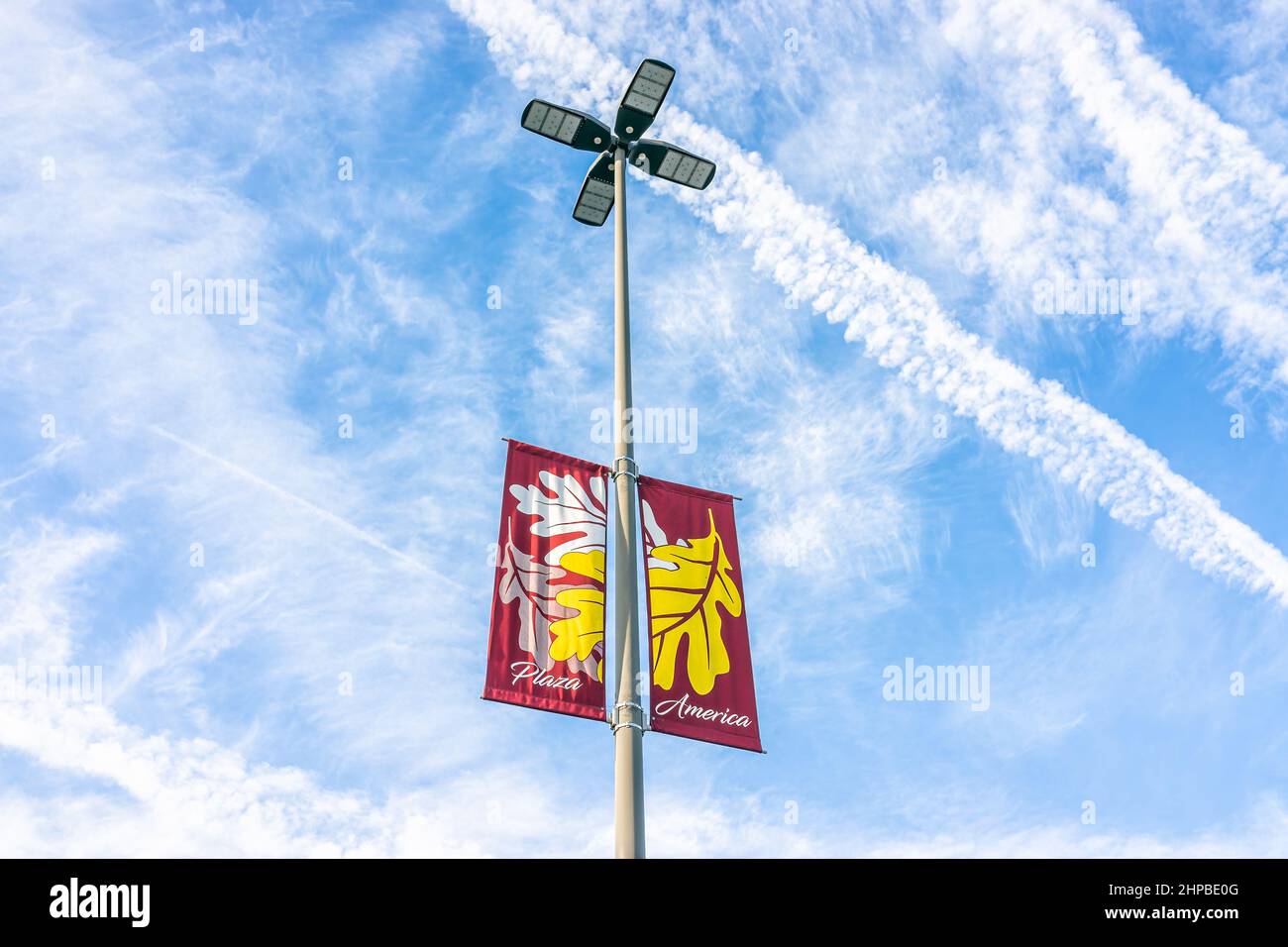 Reston, USA - October 14, 2021: Plaza America shopping mall sign banner ...