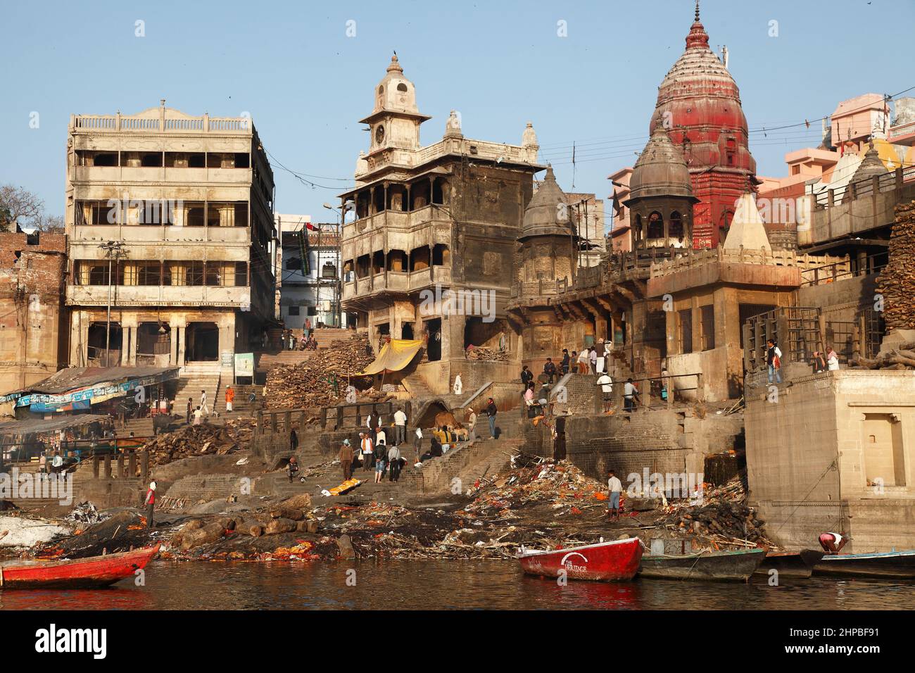 Funeral Pyres burn day and night at Manikarnika Cremation Ghat on the ...
