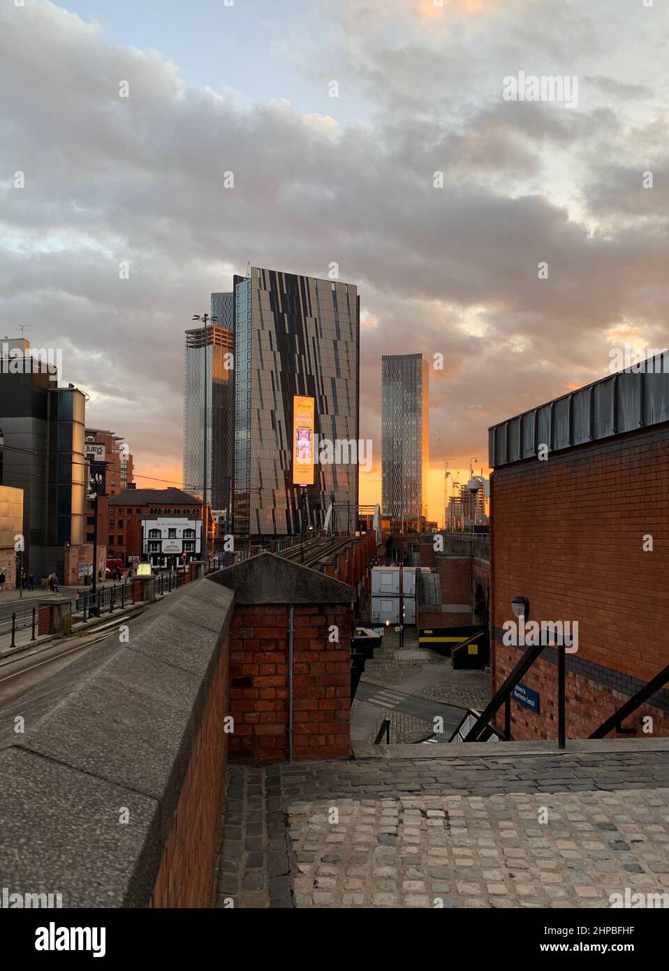View of modern buildings in Manchester, England on the sunset Stock ...