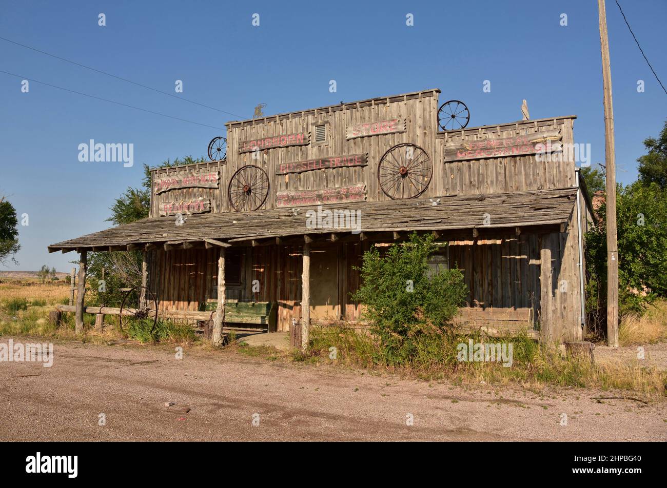 Historic ghost town with worn wooded structure with boarded up ...