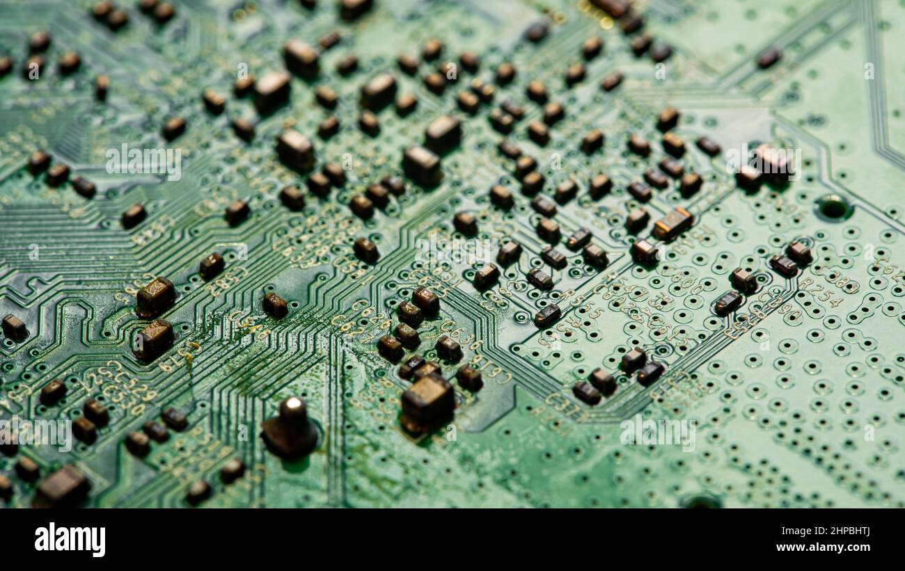 Macro Close up of printed wiring on PC circuit board of modem router ... Macro Close up of printed wiring on PC circuit board of modem router ...