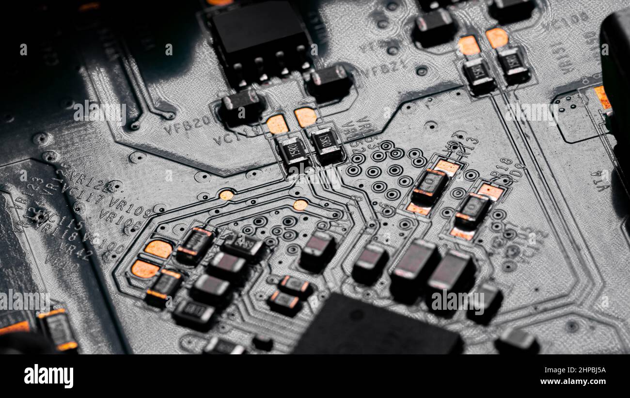 Macro Close up of components and microchips on PC circuit board Stock ...