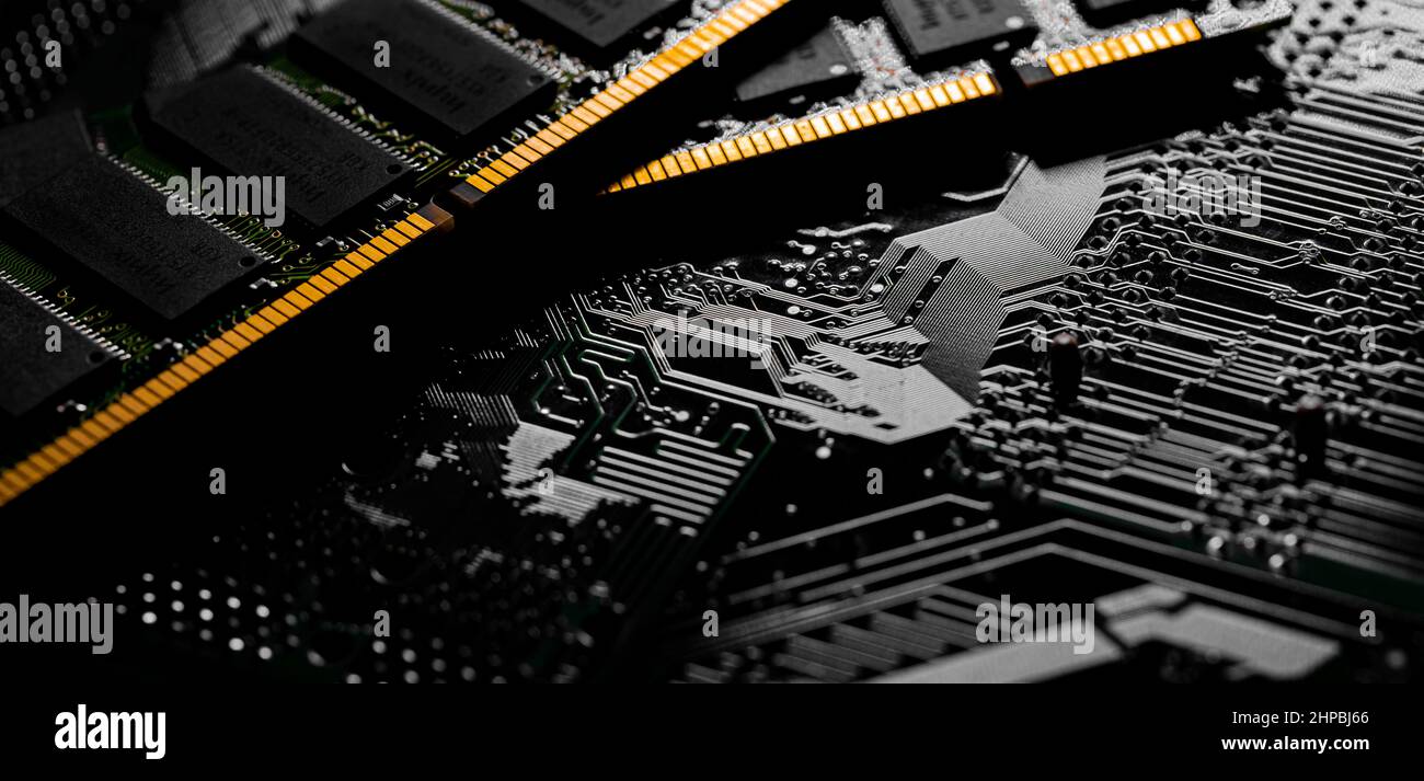 Macro Close Up Of Computer Ram Chip Random Access Memory Chip Slot For