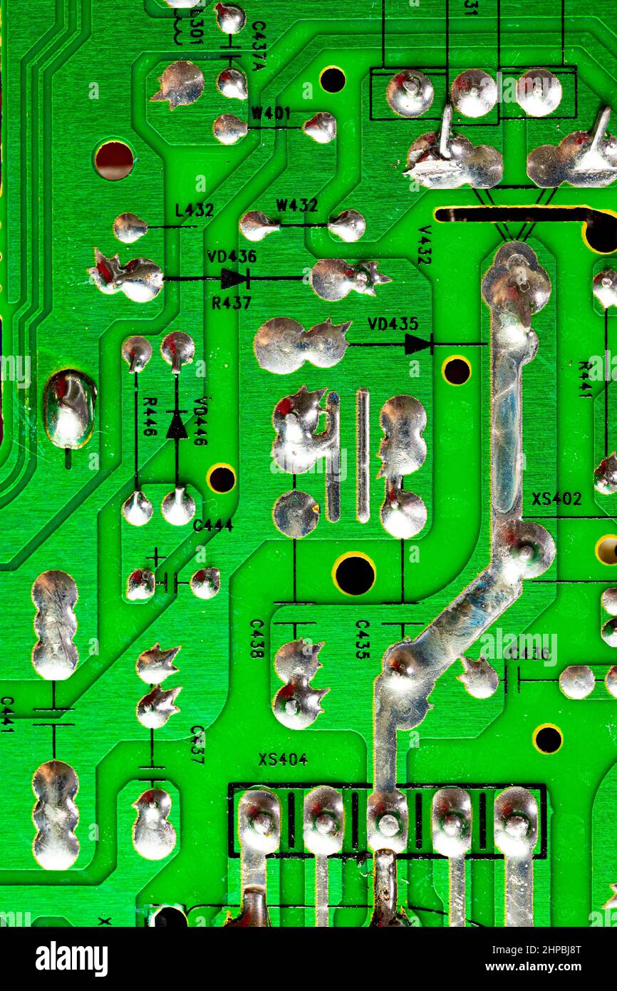 Macro Close up of printed wiring on old green PC circuit board Stock ...