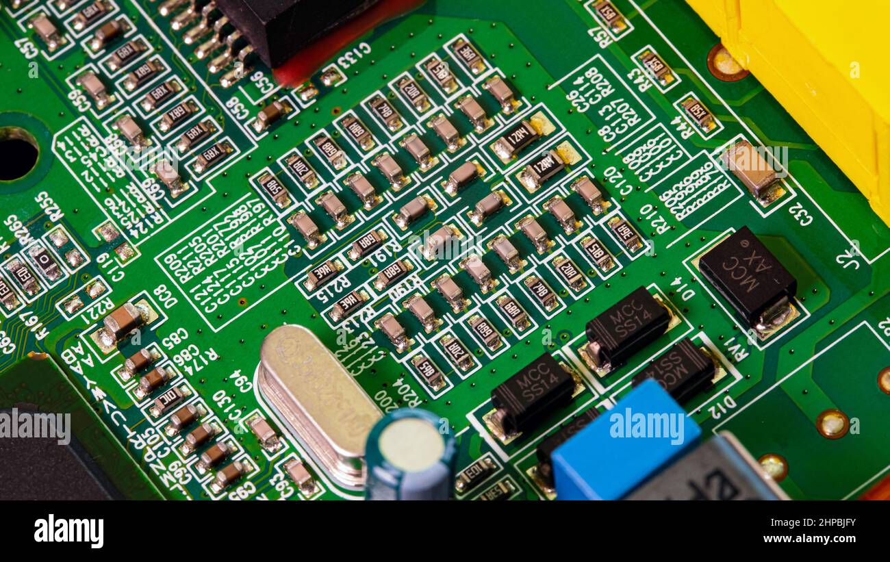 Macro Close up of components and microchips on PC circuit board of ...