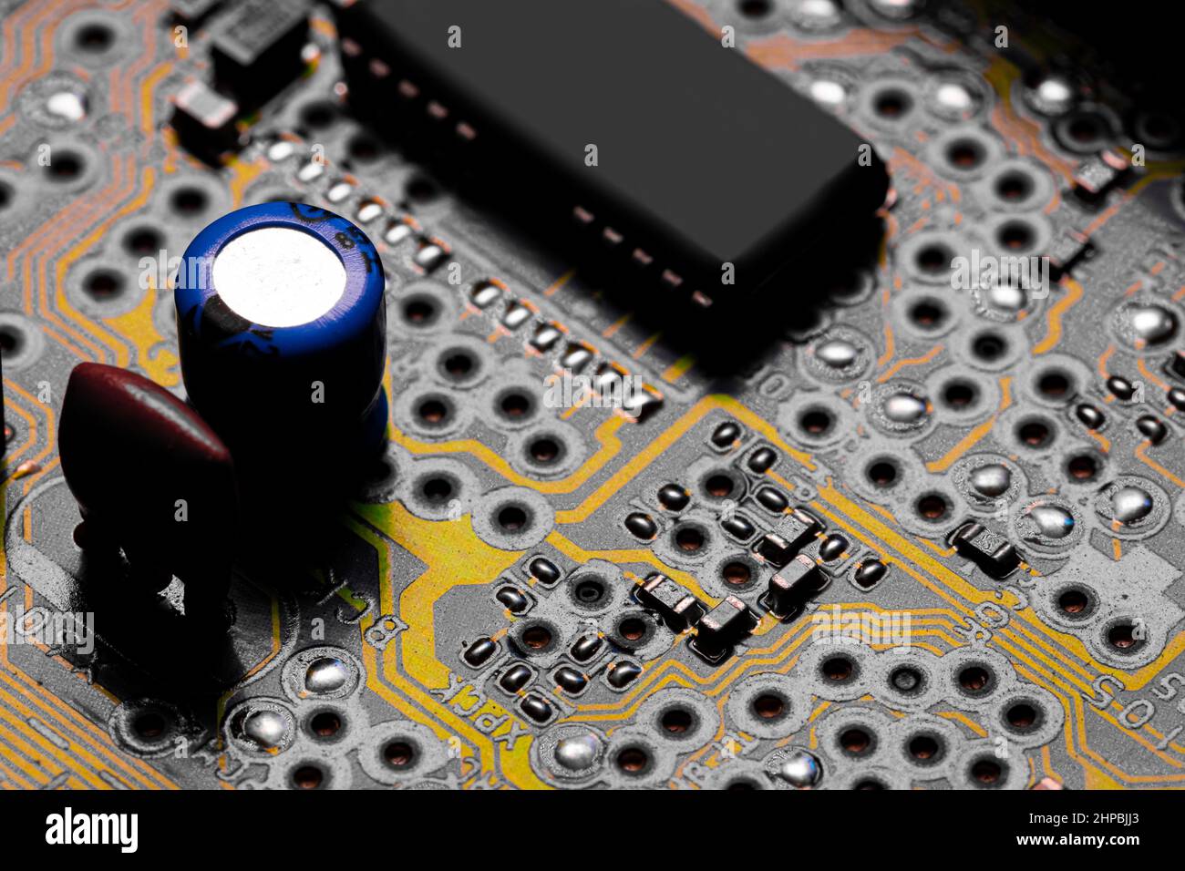 Macro Close up of printed wiring and components on PC circuit board ...