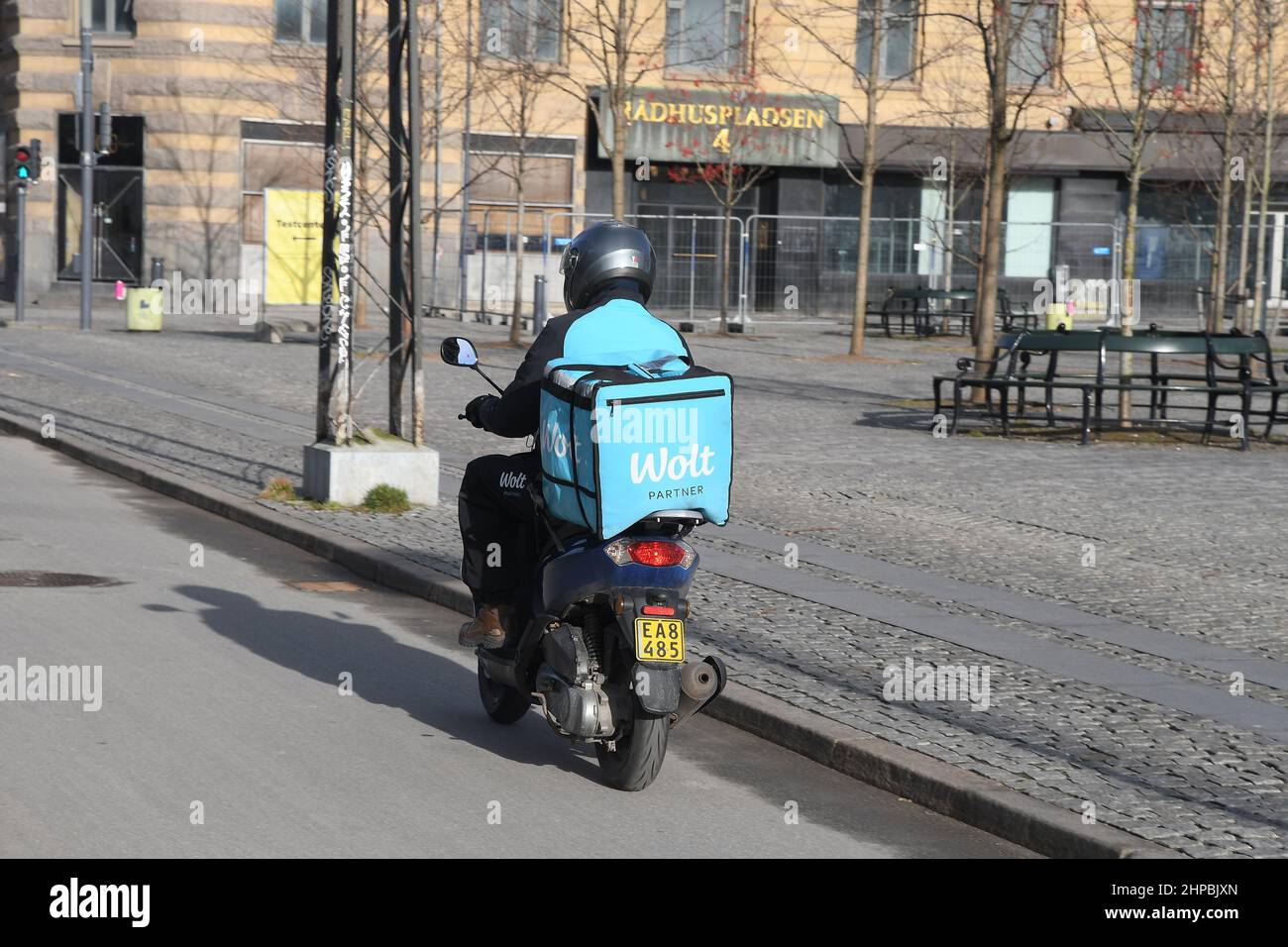 Copenhagen/Denmark./20. February 2022/. Wolt partners delivery man in ...