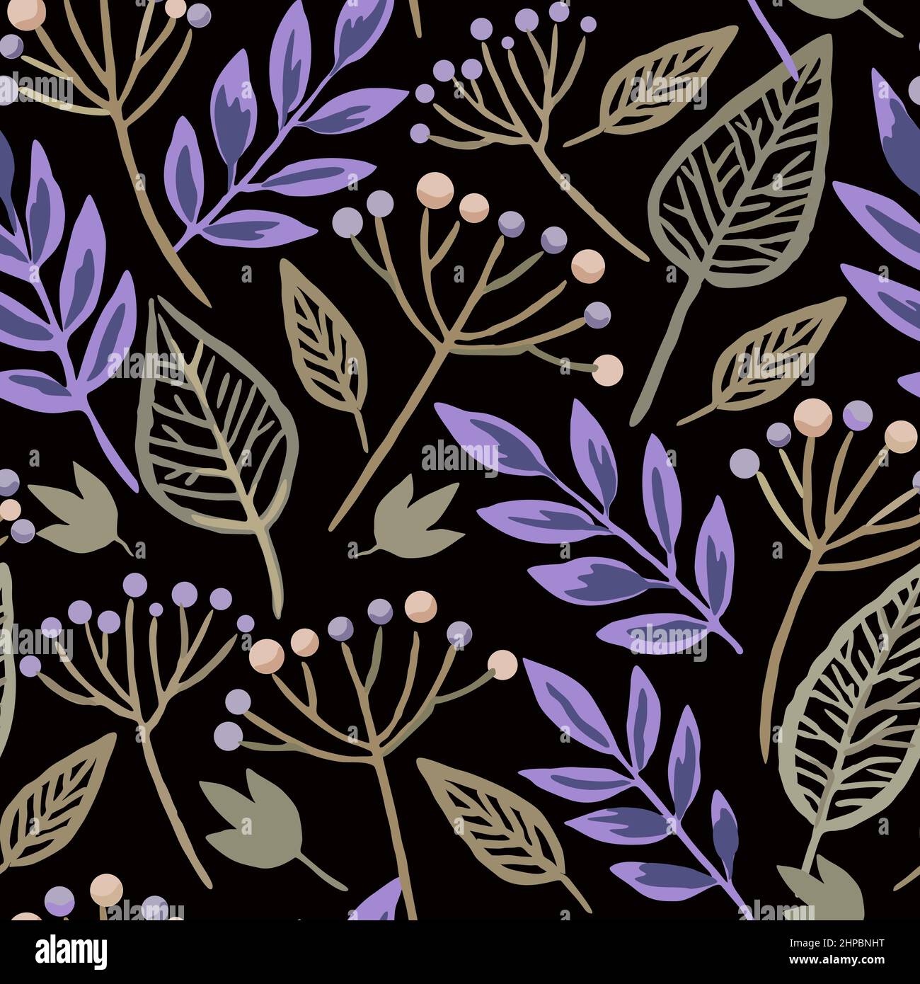 Seamless pattern with berry branches and skeleton autumn leaves. Vector ...