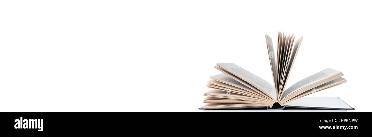 Banner with open book isolated on white background. Reading and turning ...