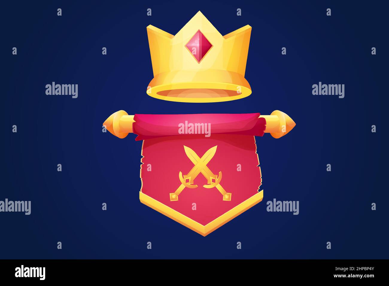 Red hanging medieval banner flag with cloth texture and golden ...