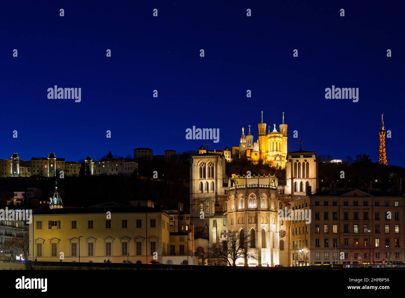LYON, FRANCE, February 19, 2022 : Fourviere hill at the blue hour, with ...