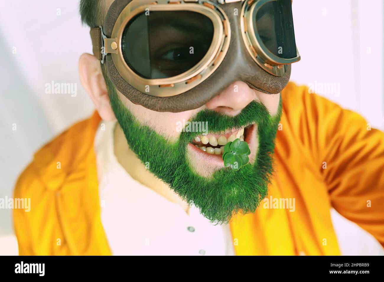Shocked and happy. Happy saint patricks day. Bearded man with wide open ...