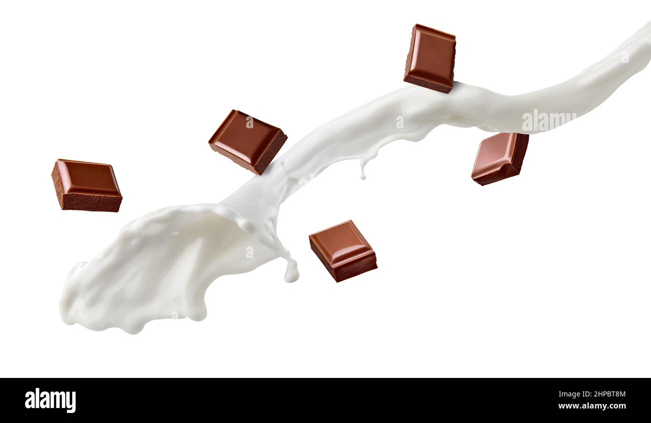 chocolate piece milk splash flow Stock Photo - Alamy