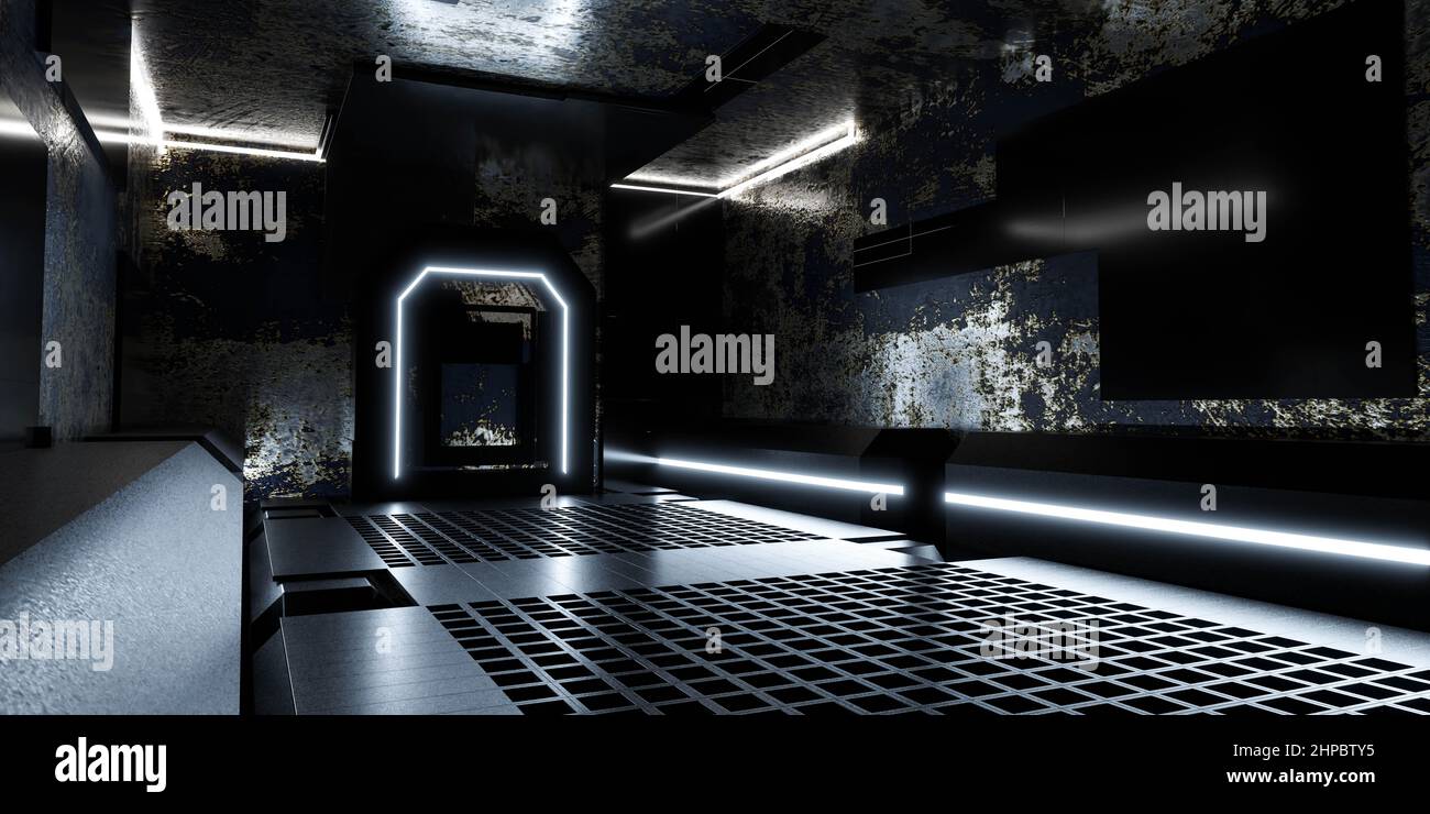 dark futuristic corridor tunnel space station hall basement subground 3d render illustration ...