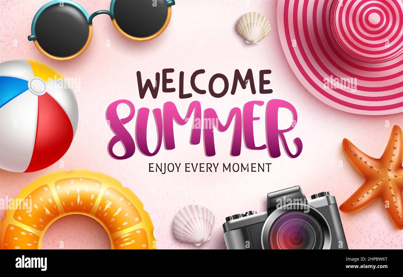 Summer greeting vector background design. Welcome summer text with hat ...