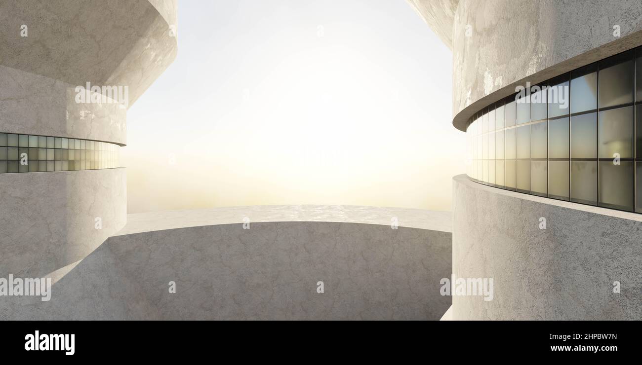 round high futuristic concrete buildings exterior with glass windows ...