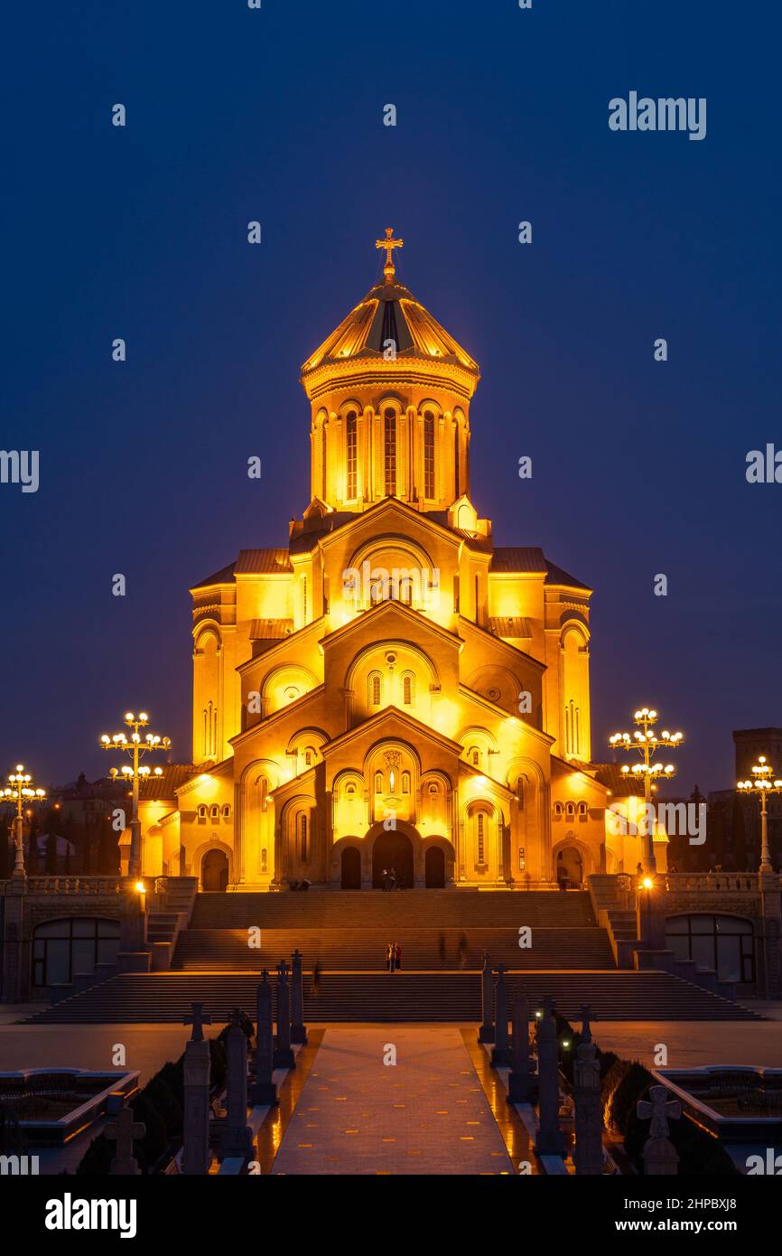 Night view of Holy Trinity Cathedral of Tbilisi - Sameba Stock Photo ...