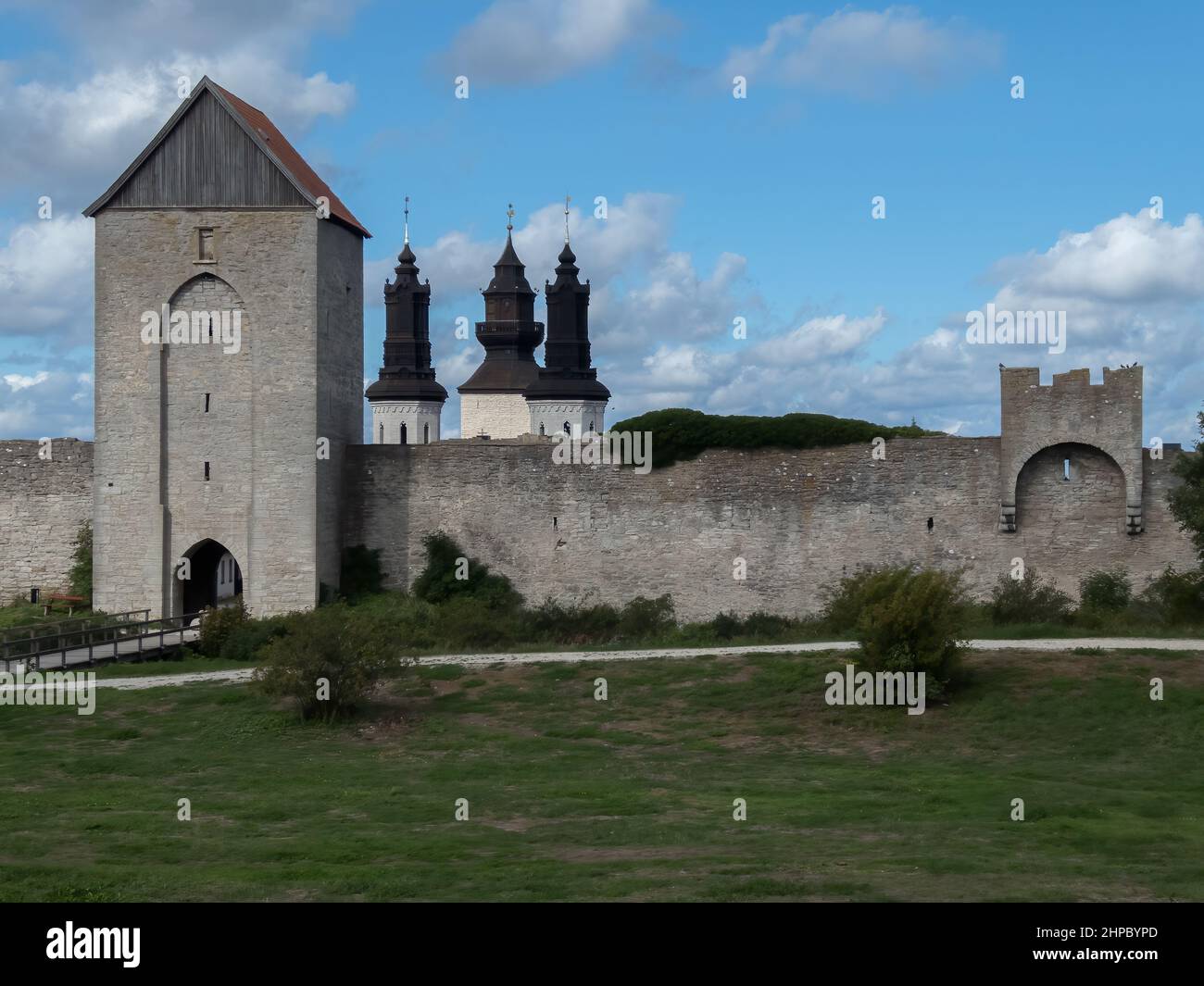 Visby City medieval defensive wall and tower showing Saint Mary's ...