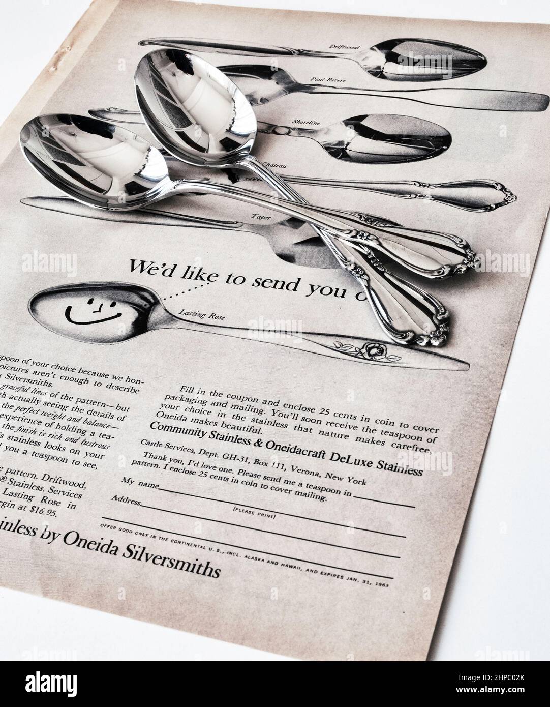 Oneida stainless flatware advertising and offer with sample spoons, USA ...