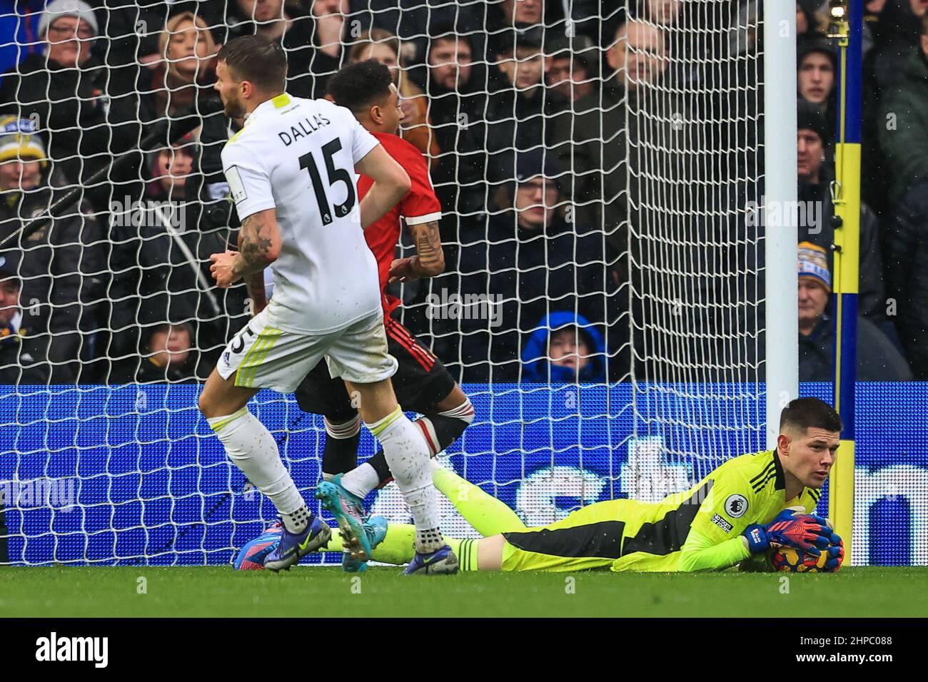 Illan Meslier #1 of Leeds United makes a save in , on 2/20/2022. (Photo ...