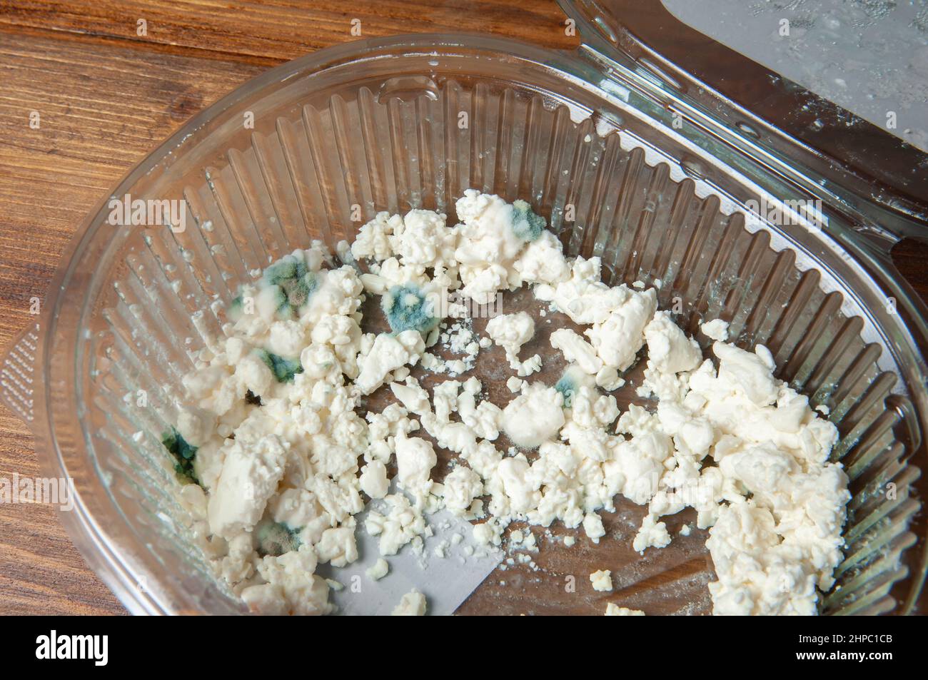 Green blue mildew on the surface of a cottage cheese in bowl on wooden ...