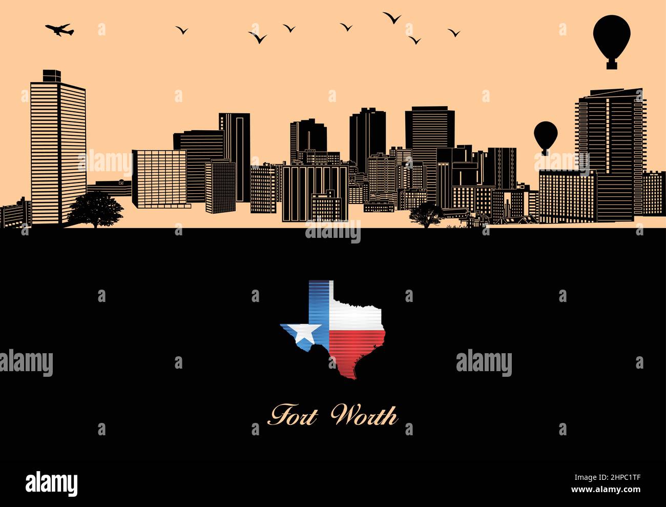 Fort Worth city skyline silhouette - illustration, Town in Beige ...