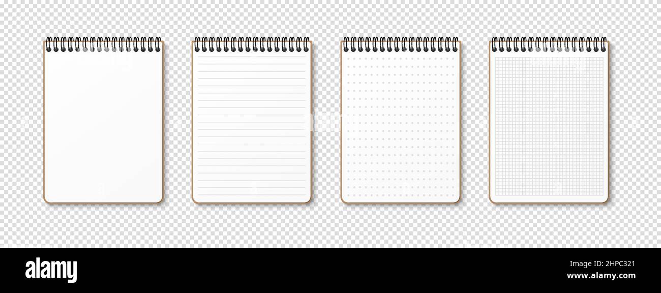 Horizontal spiral spring realistic notepad on transparent background. Lined, gridded, checkered ...