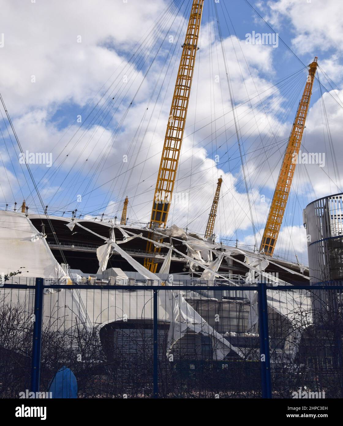 London, UK. 18th February 2022. Storm Eunice destroys part of the O2 ...