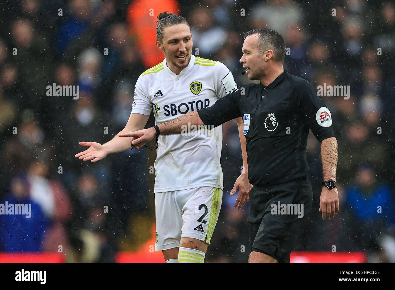 Luke Ayling #2 of Leeds United appeals to Referee Paul Tierney in , on ...
