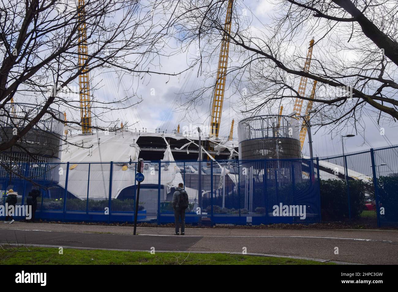 London, UK. 18th February 2022. Storm Eunice destroys part of the O2 ...