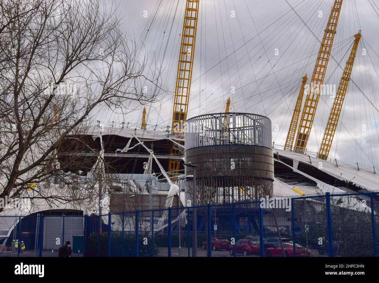 London, UK. 18th February 2022. Storm Eunice destroys part of the O2 ...