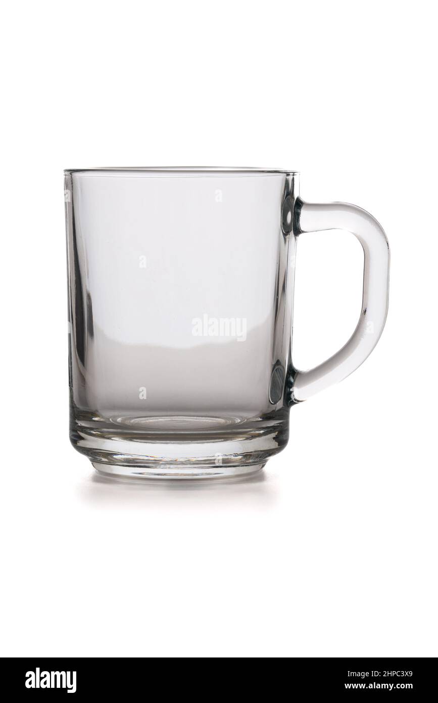 Closeup of an empty glass beaker with a handle isolated on a white ...