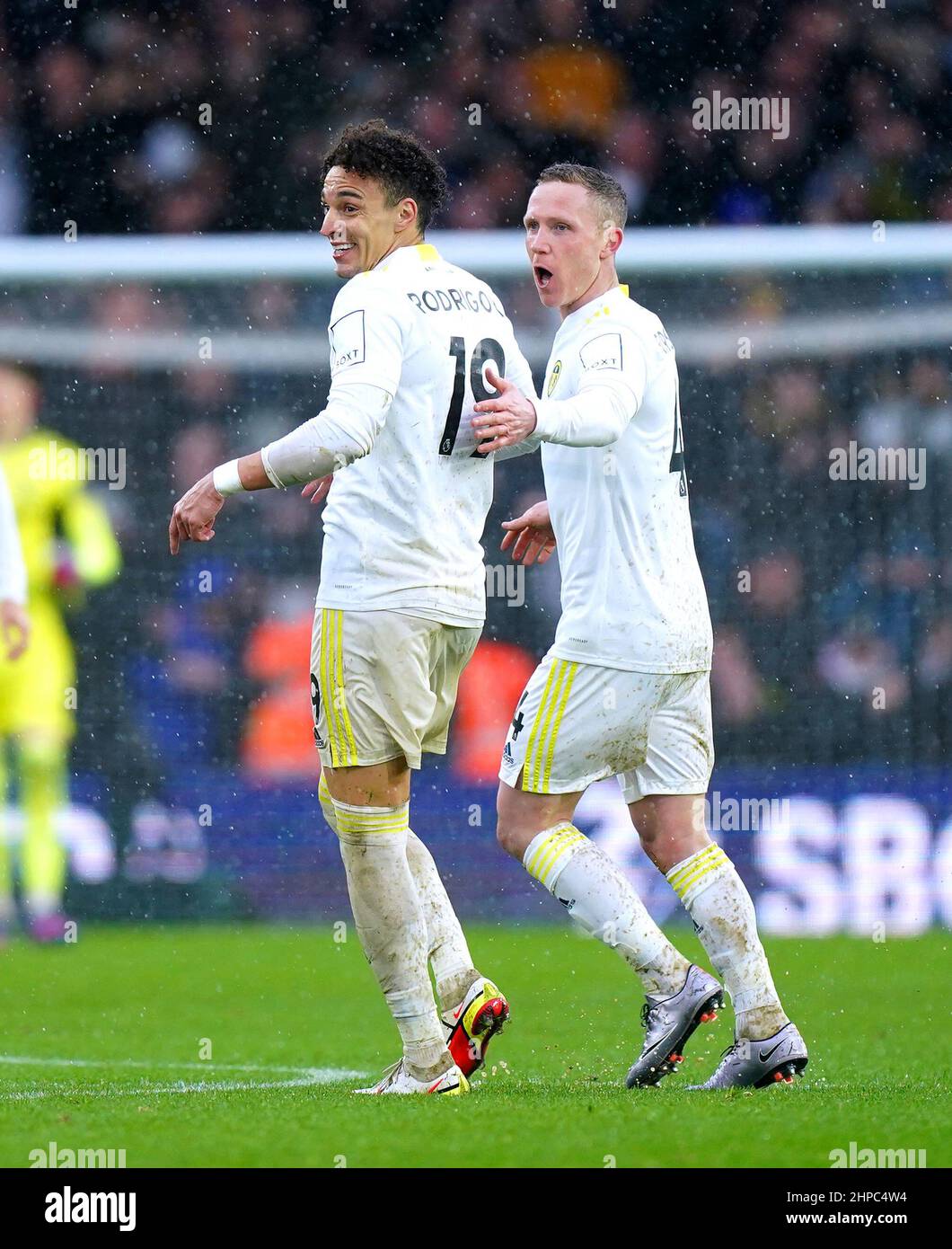Leeds United's Rodrigo (left) celebrates scoring their side's first ...