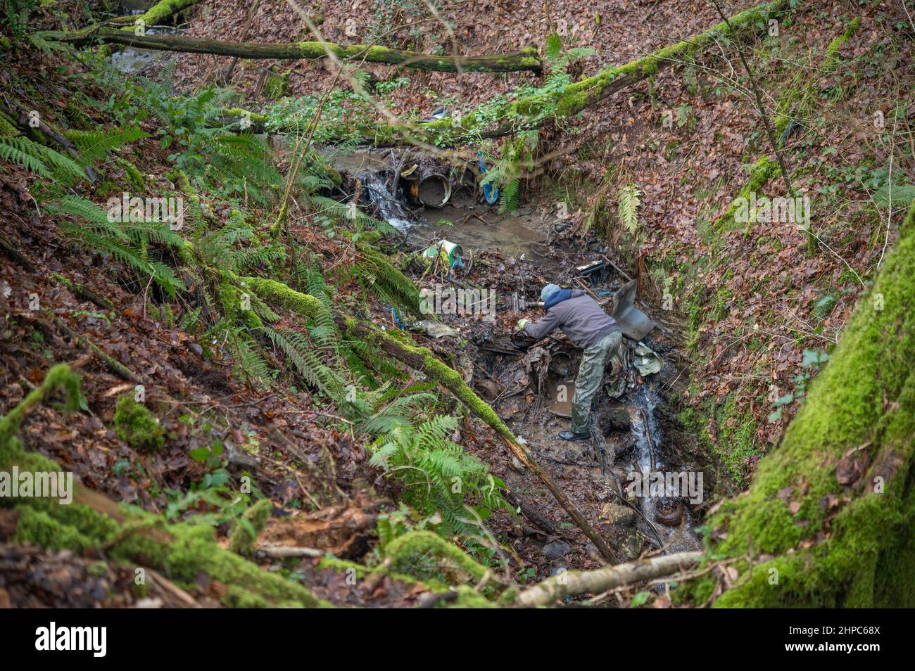 Volunteers and contractor removing flytipped material from stream Stock ...