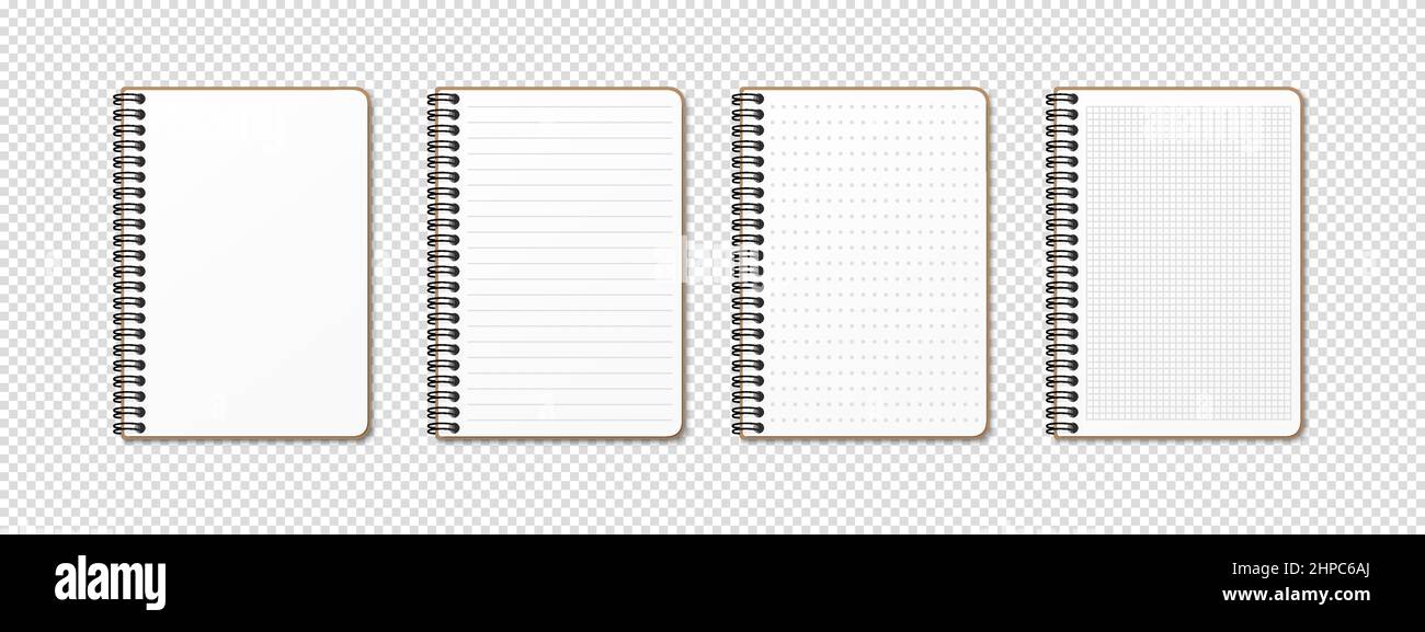 Vertical spiral spring realistic notepad on transparent background. Lined, gridded, checkered ...