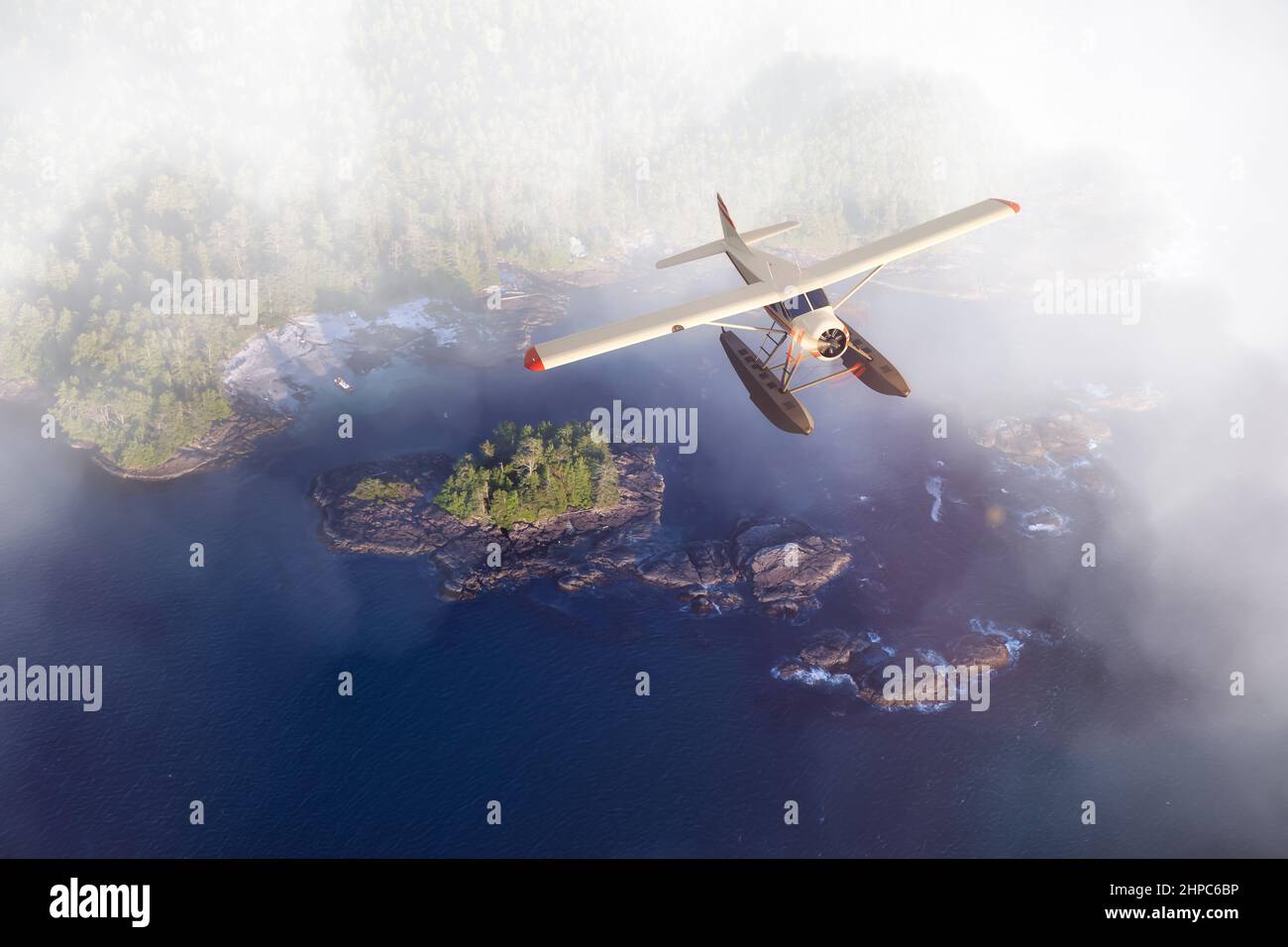 Seaplane Flying over the West Coast Pacific Ocean at sunset Stock Photo ...
