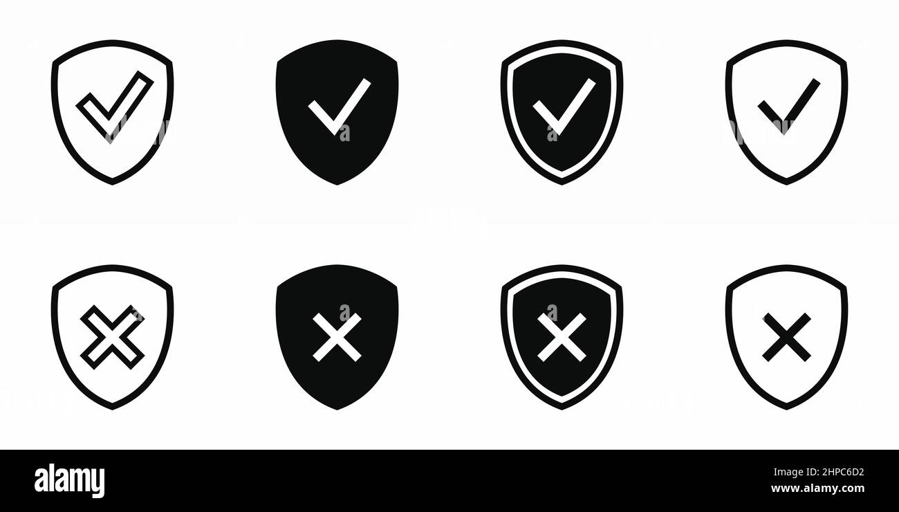 Set check and no check cross icon in shield. Vector clipart ...
