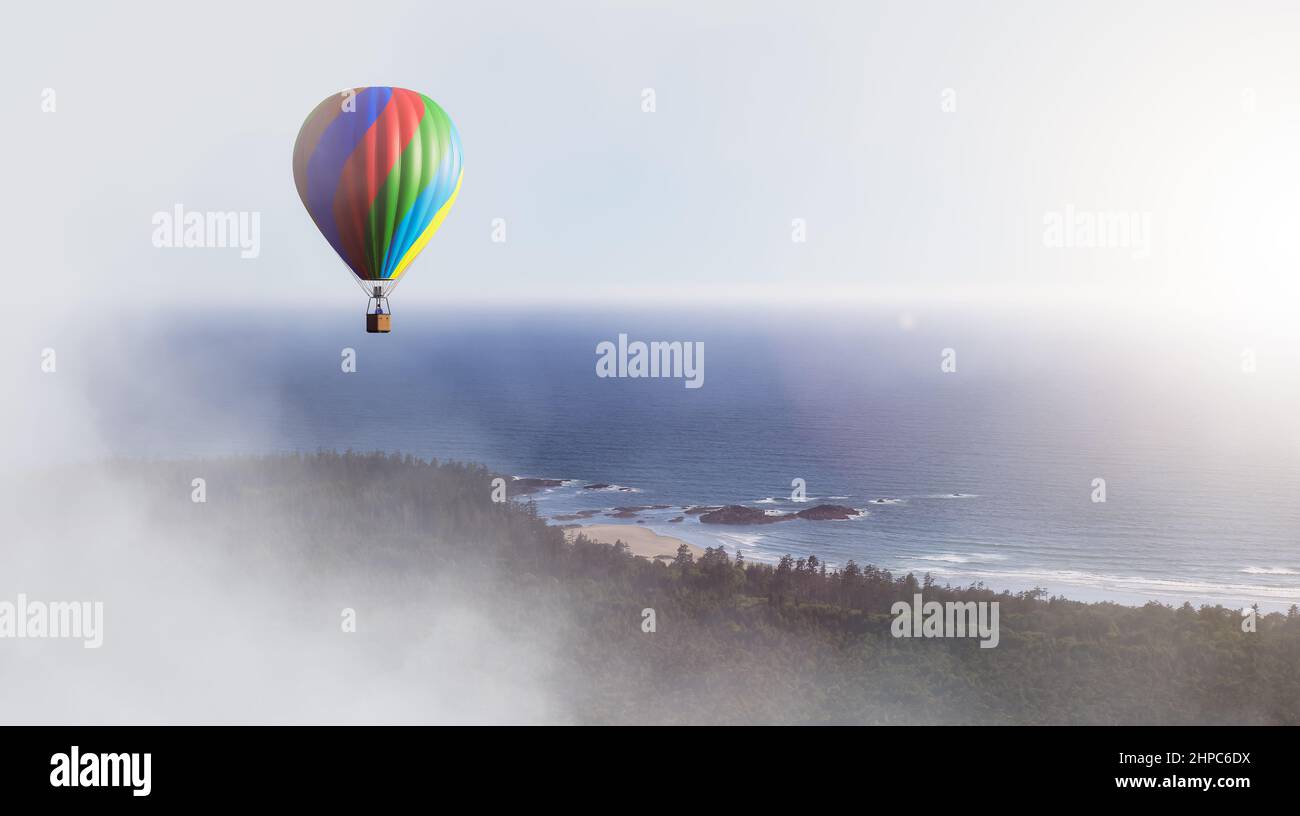 Hot air balloon Flying over the West Coast Pacific Ocean at sunset ...