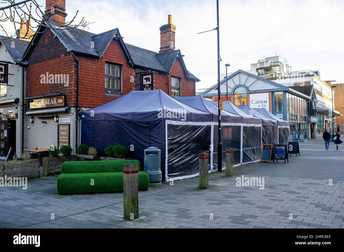Camberley, Surrey, UK. 10th February, 2022. Outdoor seating undercover ...