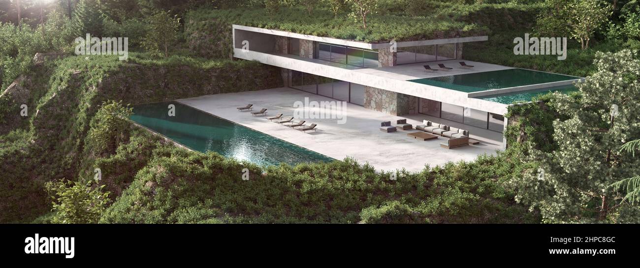Modern facade house with terrace, swimming pool on green nature view ...